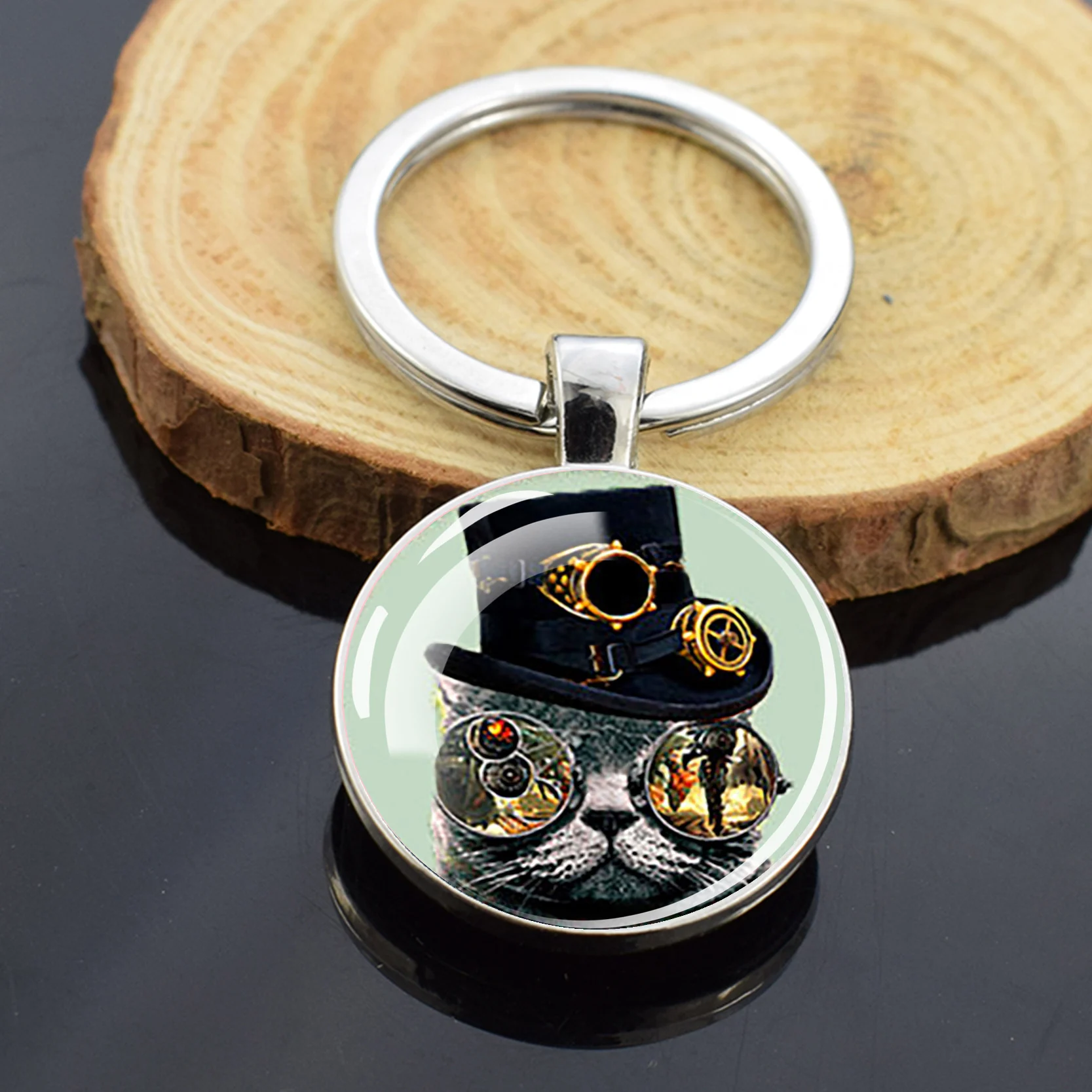 Steampunk-Cat-Keychain-Double-Sides-Glass-Cabochon-Keychains-Keyholder ...