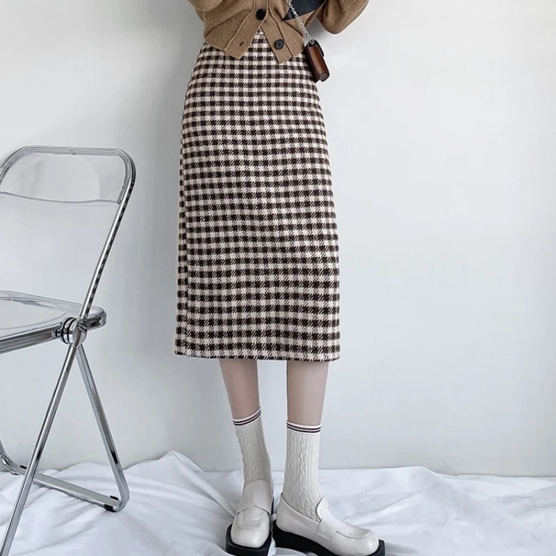 가을 겨울 새로운 패션 모직 격자 무늬 스커트 여자 우아한 높은 허리 라인 슬릿 롱 스커트 숙녀 캐주얼 울 스커트스커트