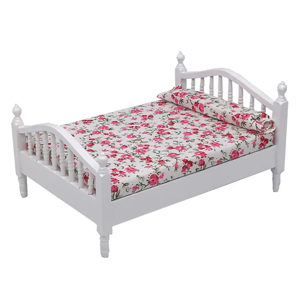 Wooden Miniature 1/12 Dollhouse Double Bed Floral Sheet House Furniture ...