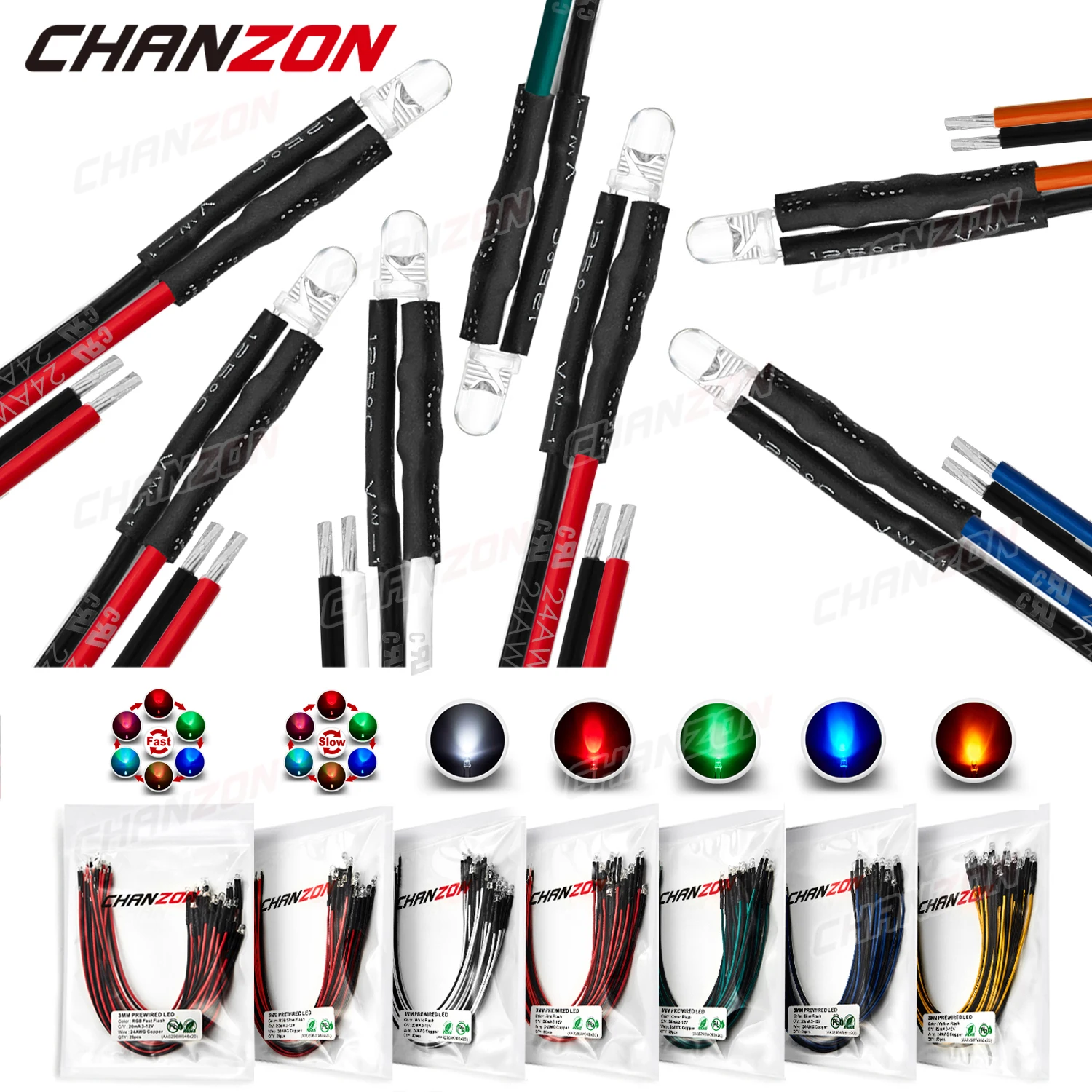 20pcs 3mm 12V Prewired LED Light Beads Blinking White Red Green Blue ...