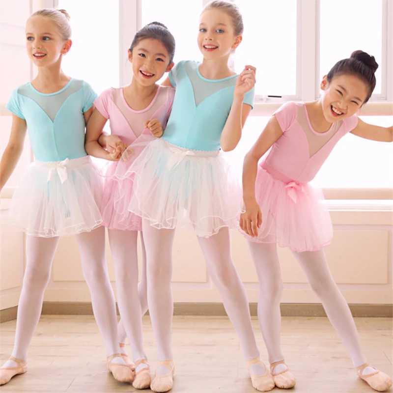Girls-Ballet-Leotard-Gymnastics-Bodysuit-Mesh-Splice-Costumes-Children ...