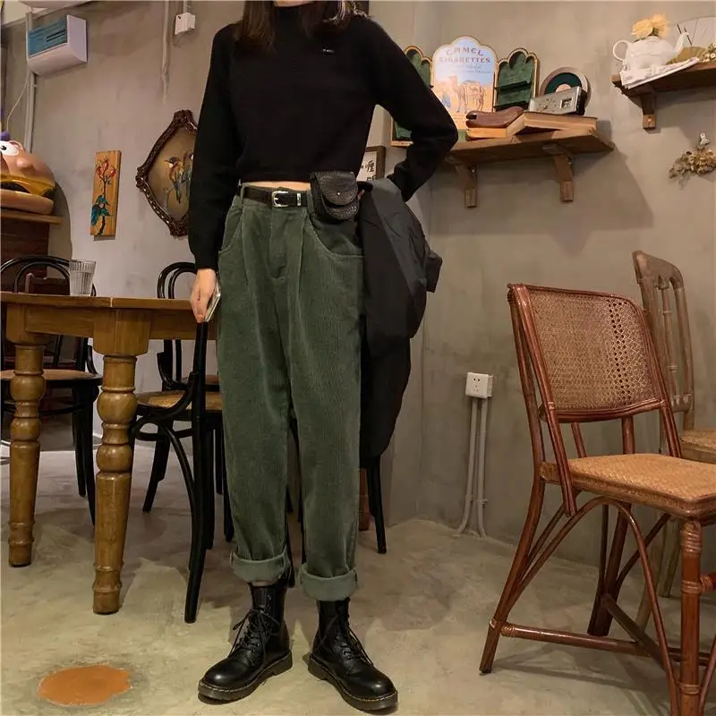 캐주얼 코듀로이 스트레이트 하렘 바지 여성용 두꺼운 느슨한 가을 겨울 스트리트웨어 플러스 사이즈팬티 And 카프리스