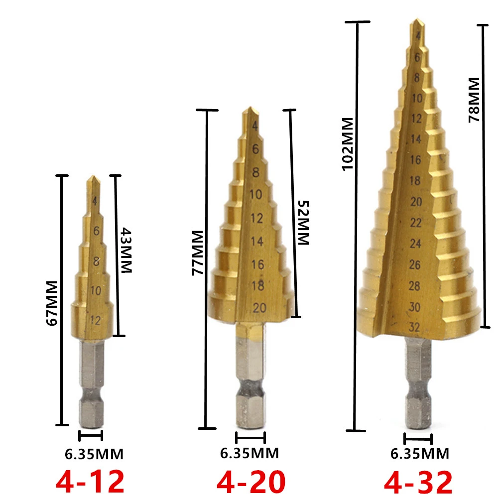 4-12/20/32mm Hss Titanium Coated Step Drill Bit Drilling Power Tools ...