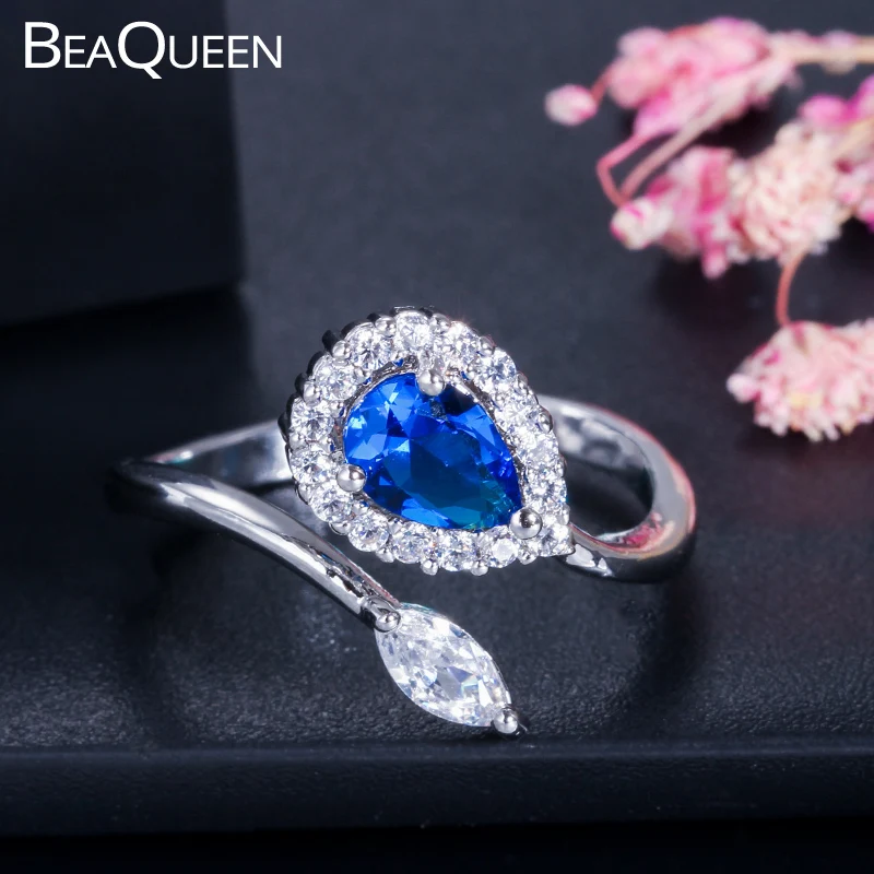 BeaQueen Famous Designer Royal Blue Cubic Zirconia Water Drop Stone Resizable Rings Engagement ...