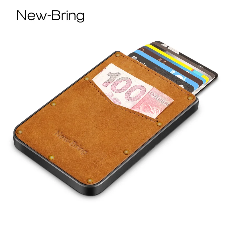 Newbring Genuine Leather Metal Slim Pulled Black Warrior Men Wallets Mini Portable Bank Card ...