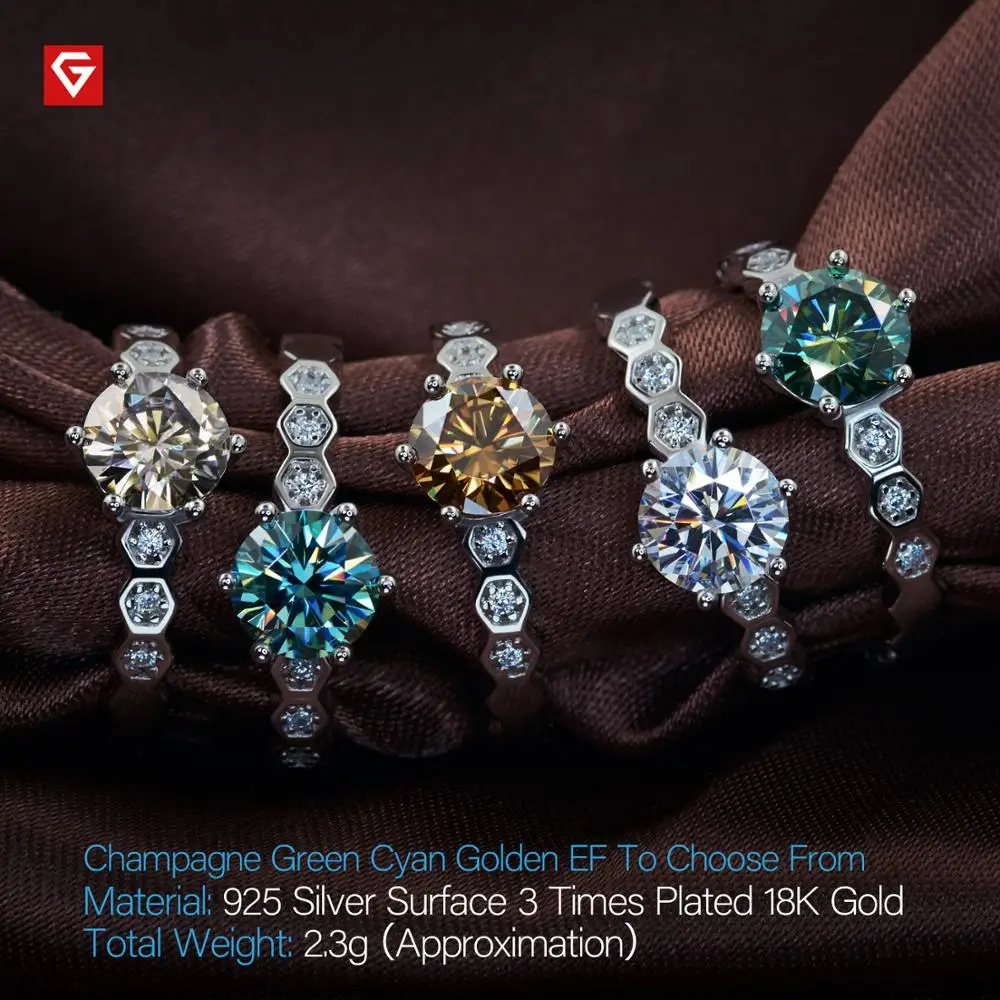 GIGAJEWE 1.0ct 6,5 мм EF Круглый 18 К покрытый белым золотом 925 Серебряное кольцо с муассанитом ...