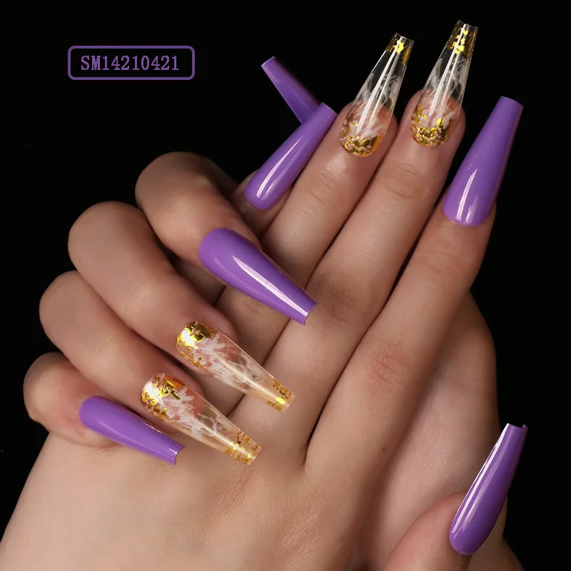 24pcs Fake Nails With Glue Purple Coffin Type Glitter Removable Long ...