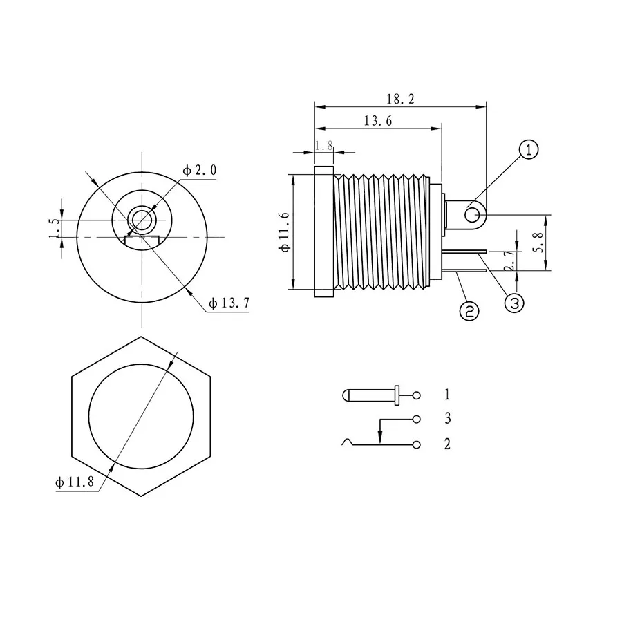 DC Power Jack Female Connector 3 Pin with Nut 5.5mm x 2.1mm