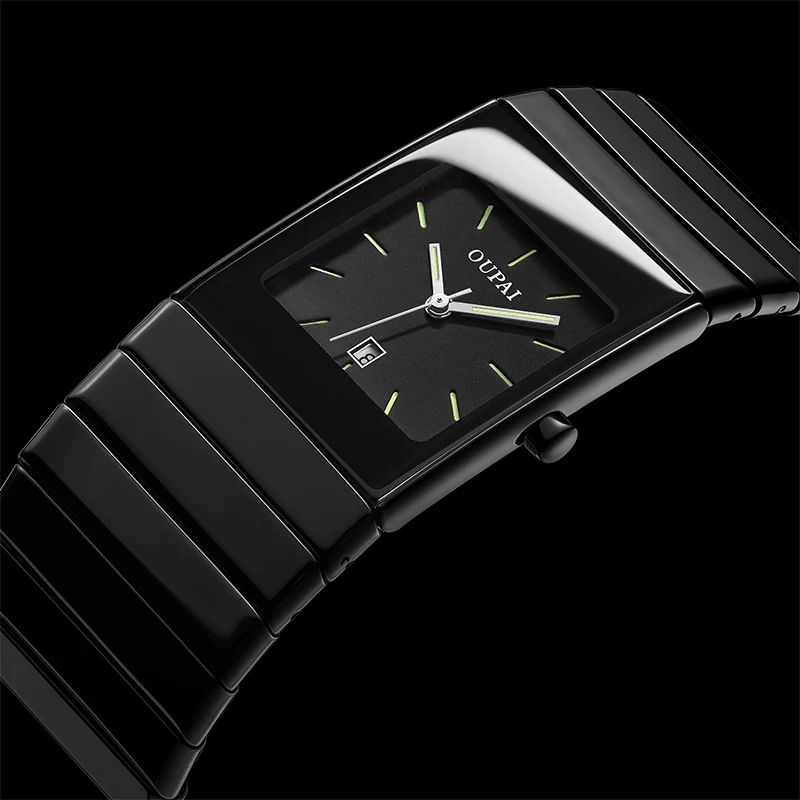 OUPAI Mens Classic Black Ceramic Rectangle Watch