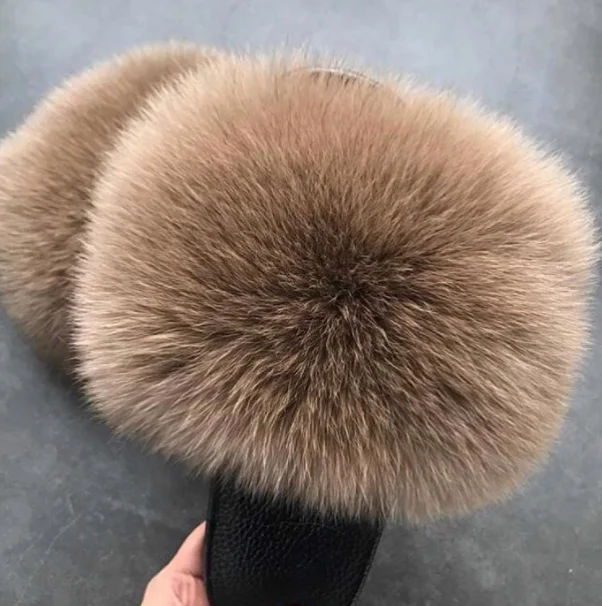 Women's Summer Flat Slippers Genuine Fox Fur Slippers Women's Thick ...