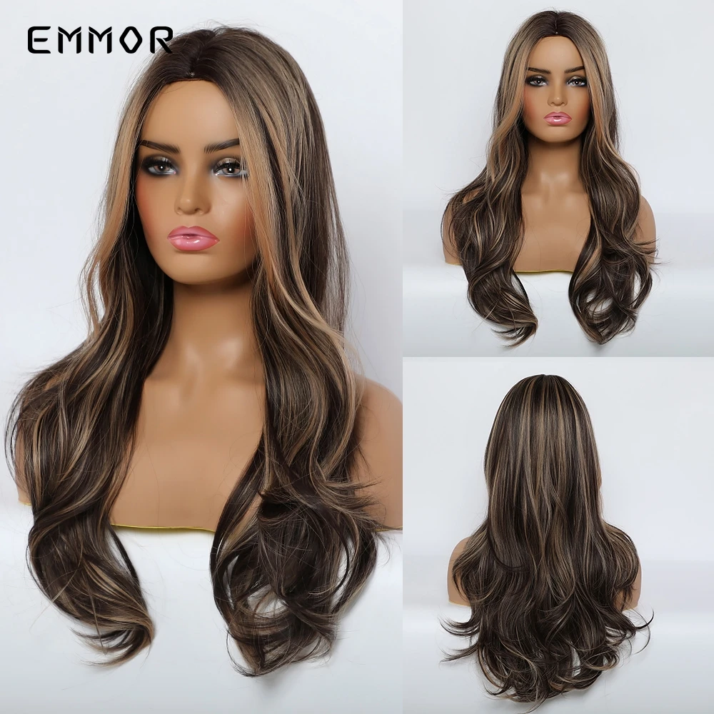 Emmor Long Chestnut Color Highlight Light Brown Wavy Synthetic Hair ...