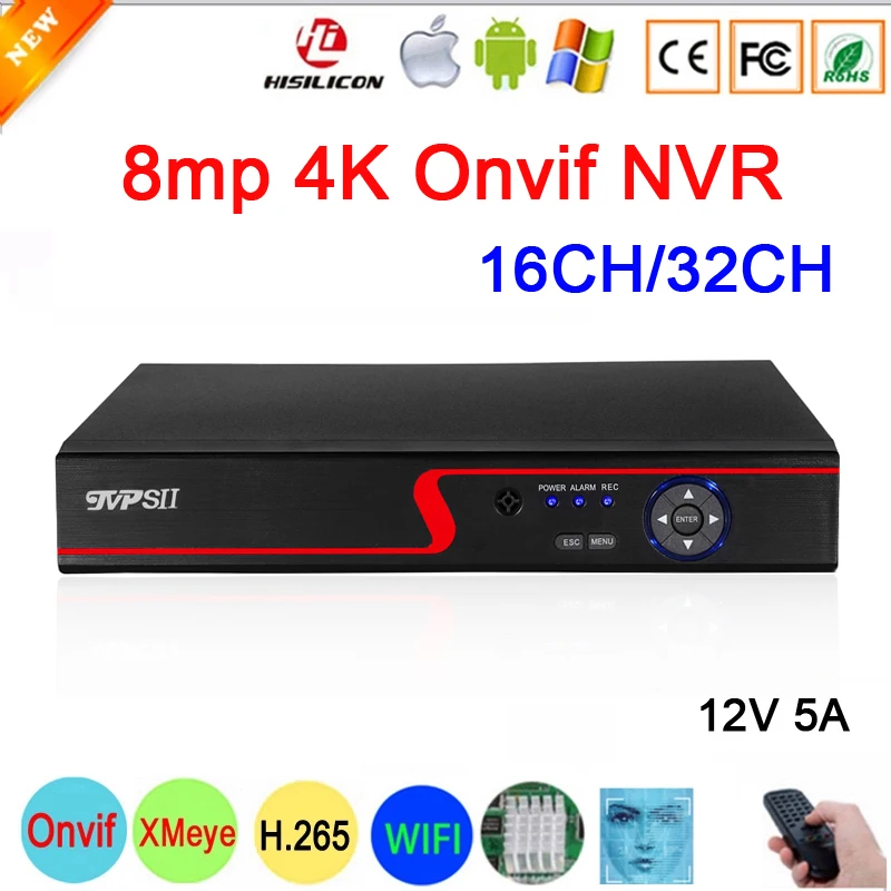 12V 5A 레드 패널 Hi3536C XMeye 최대 8 테라바이트 오디오 H.265 + 8MP 4K 32CH 32 채널 감시 비디오 레코더 Onvif WIFI CCTV ...