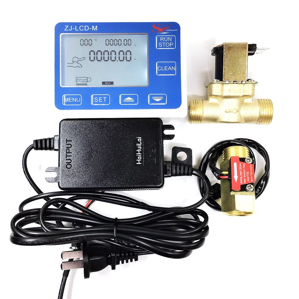 Zj-lcd-m Meter Controller+1/2" Flow Sensor + Valve +power Charge For Water Liquid Measurement Or ...