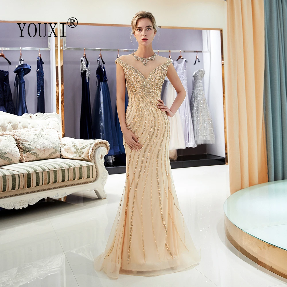 Gold Evening Dresses Long Mermaid 2020 Luxury Beaded Pearls Crystal ...