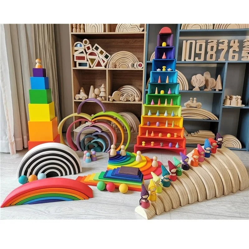 Kids-Wood-Rainbow-Arch-Stacker-Pastel-Building-Blocks-Semi-circle-Balls ...