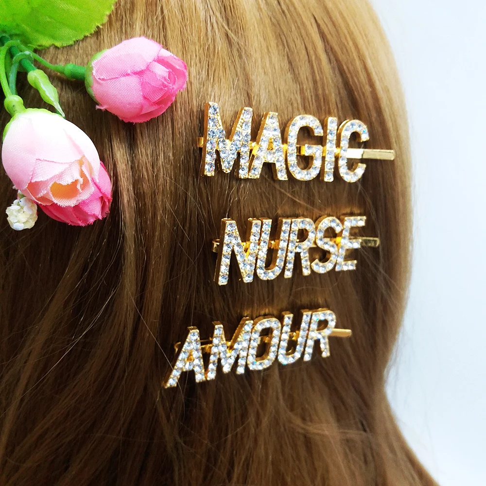 Custom Rhinestone Name Hair Clip Personal Gold Hairclips Crystal Hair ...
