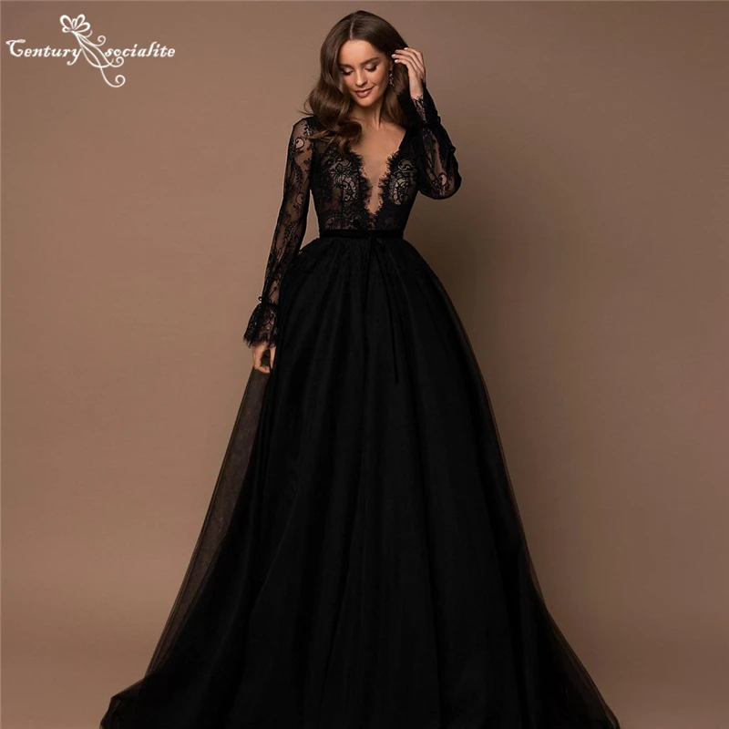 Gothic Black Wedding Dresses For Women Bride 2021 Long Sleeve V-neck A ...