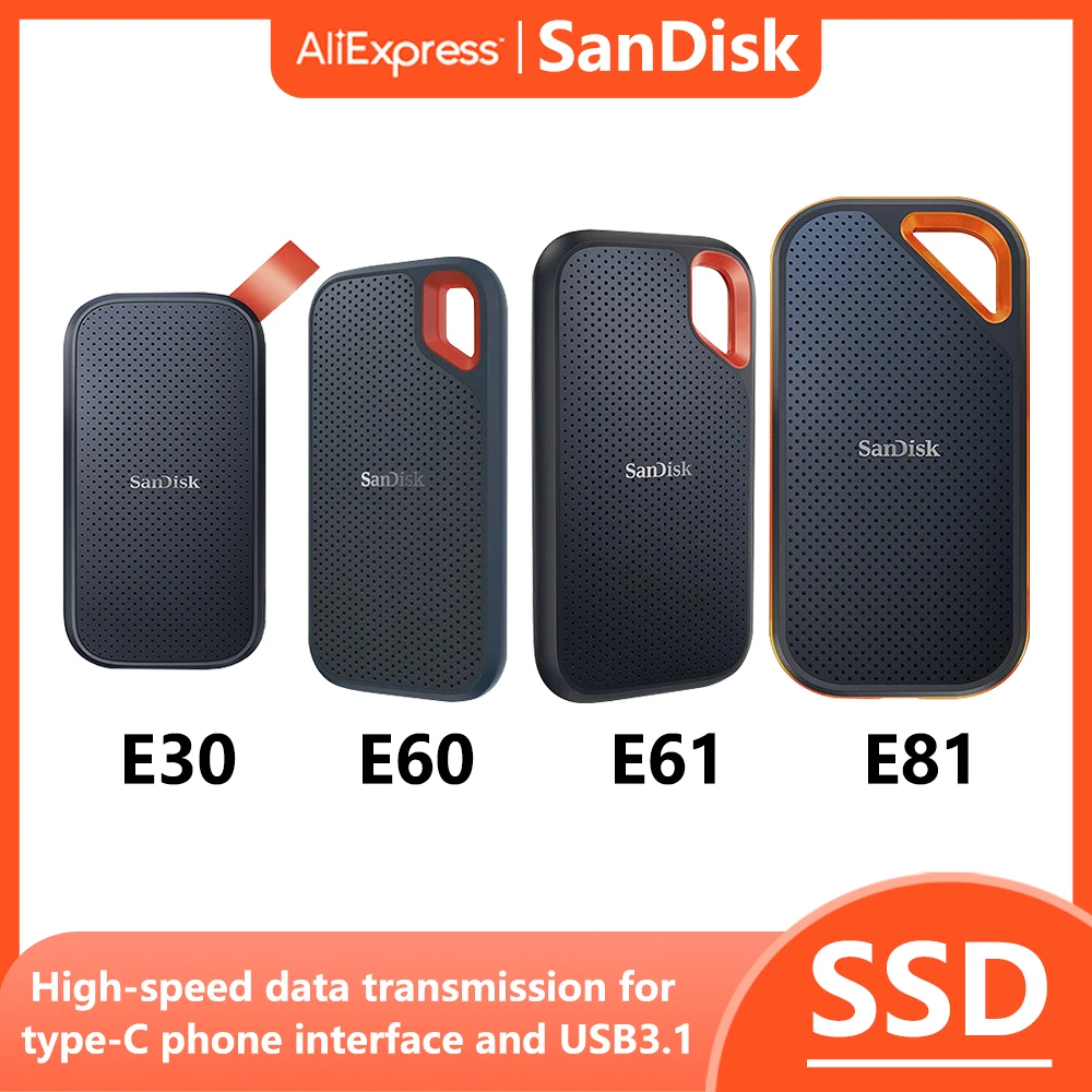 SanDisk unidad de estado sólido externa portátil, dispositivo SSD E30, E60, E61, E81, Extreme ...