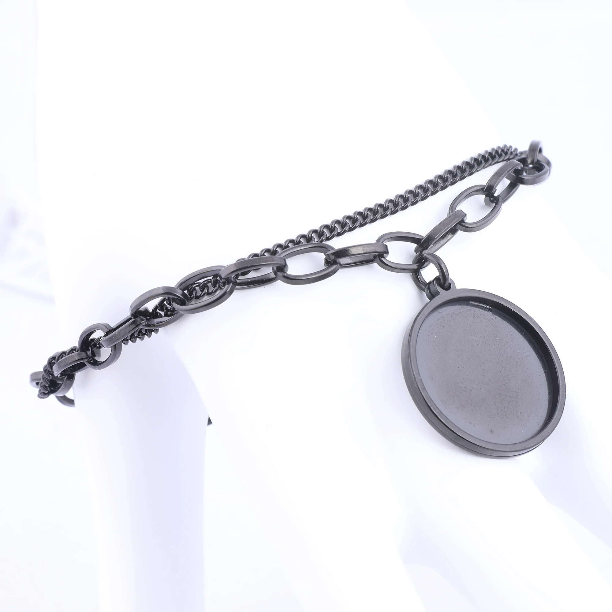 2pcs 19cm Long Stainless Steel 20mm 25mm Black Cabochon Chain Bracelet ...