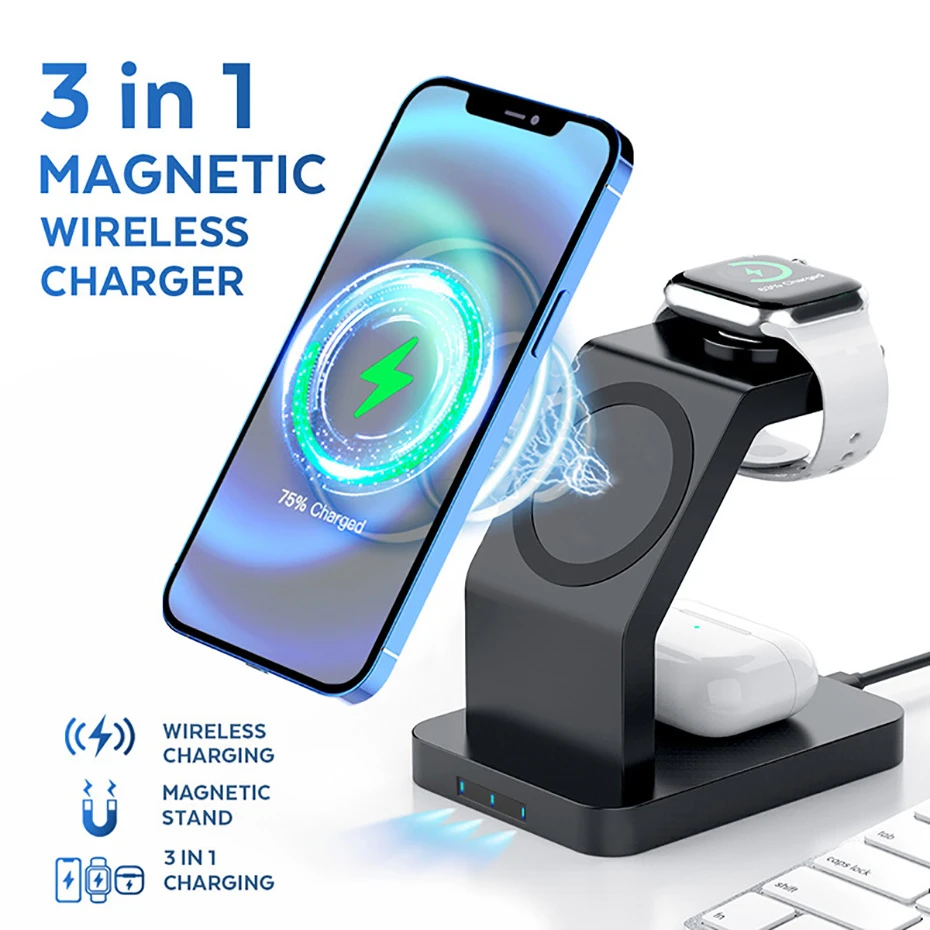 Qi 15w Magnetic 3 In 1 Wireless Charger Dock Station For Iphone 12/12 ...