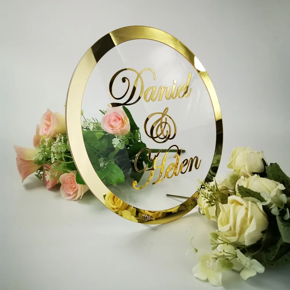 Custom Wedding Name sign Round Frame Mirror Acrylic Sticker Babyshower ...