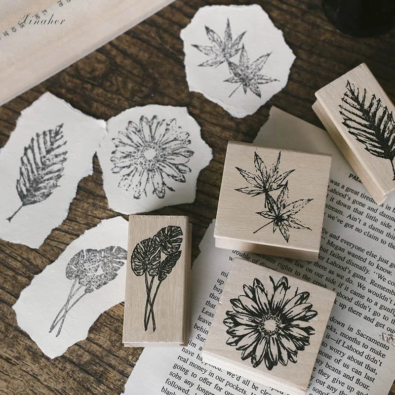 Vintage flower plant maple leaf decoration stamp wooden rubber stamps ...