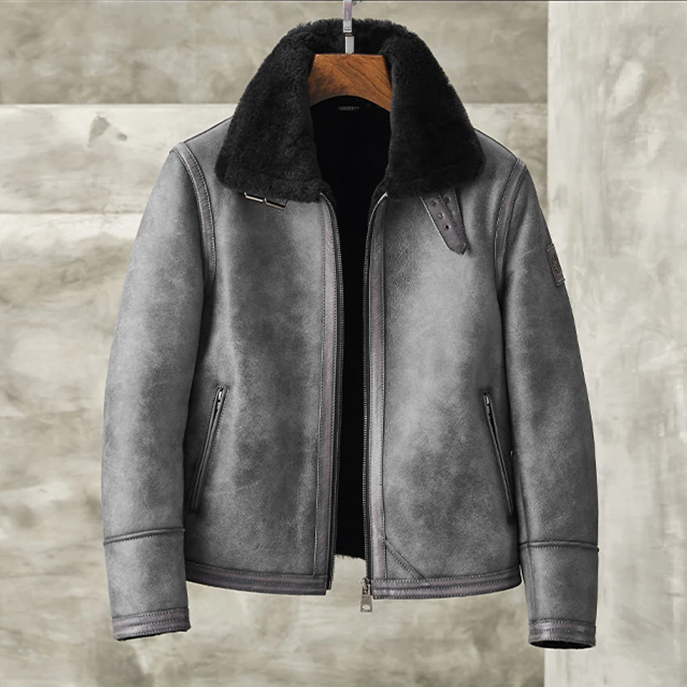 Mens Sheepskin Shearing Jacket Leather Jacket Metallic Gray Color B3 Bomber Coat » Denny&Dora ...