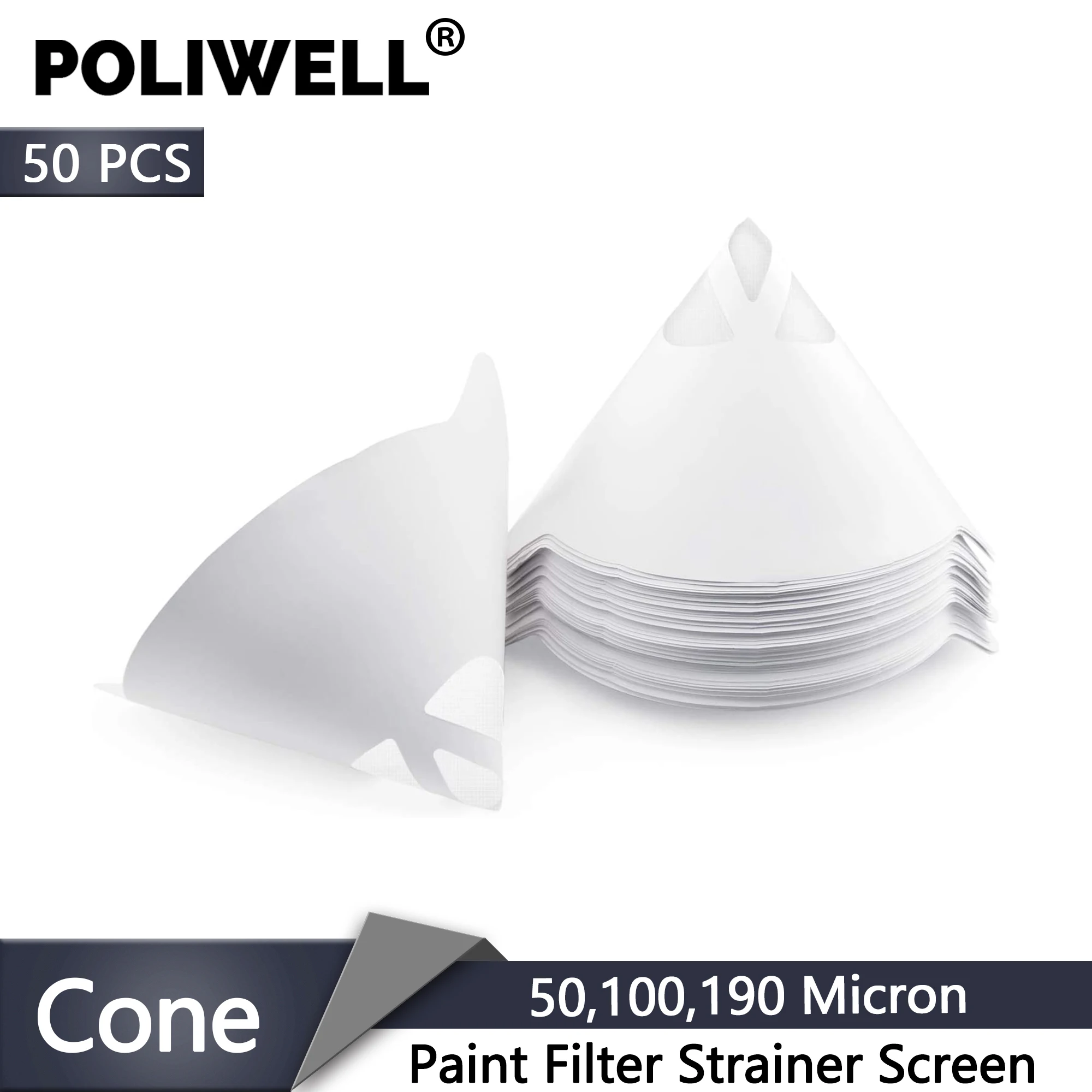 POLIWELL 50PCS Cone Paint Filter Strainer Screen Funnel 50,100,190 ...