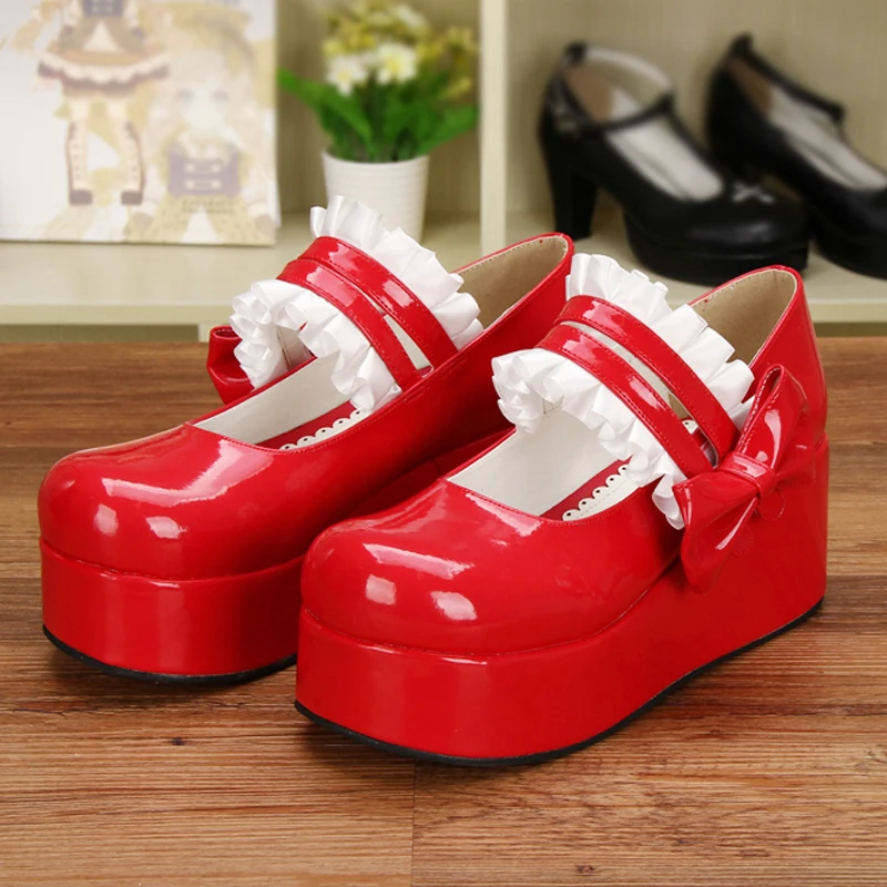 Japanese Lolita Maid Cosplay Platform Heel Leather Shoes Sweet Lace ...