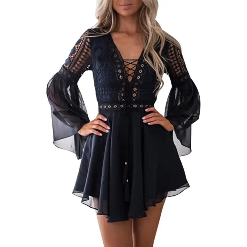 Mini-robe-sexy-en-mousseline-de-soie-pour-femmes-col-en-V-manches ...