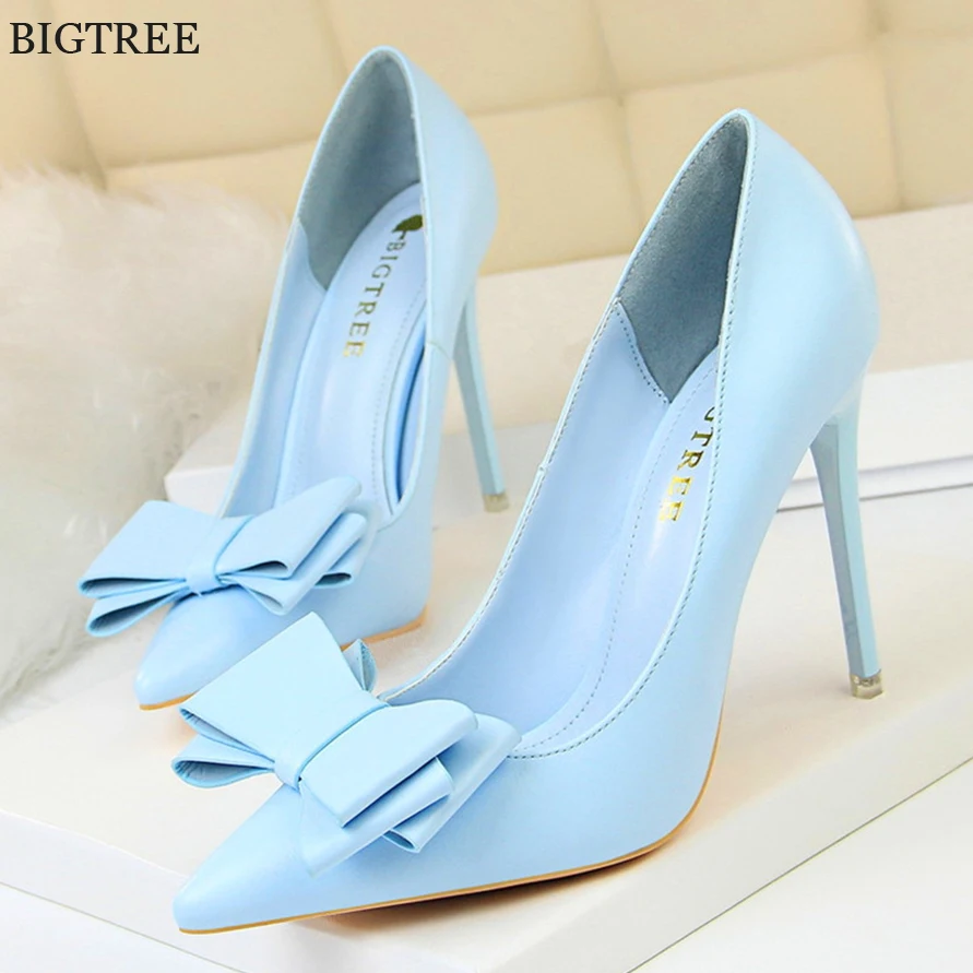 BIGTREE Red Blue Black Shoes Bowknot Sweet Woman Pumps Soft Leather ...