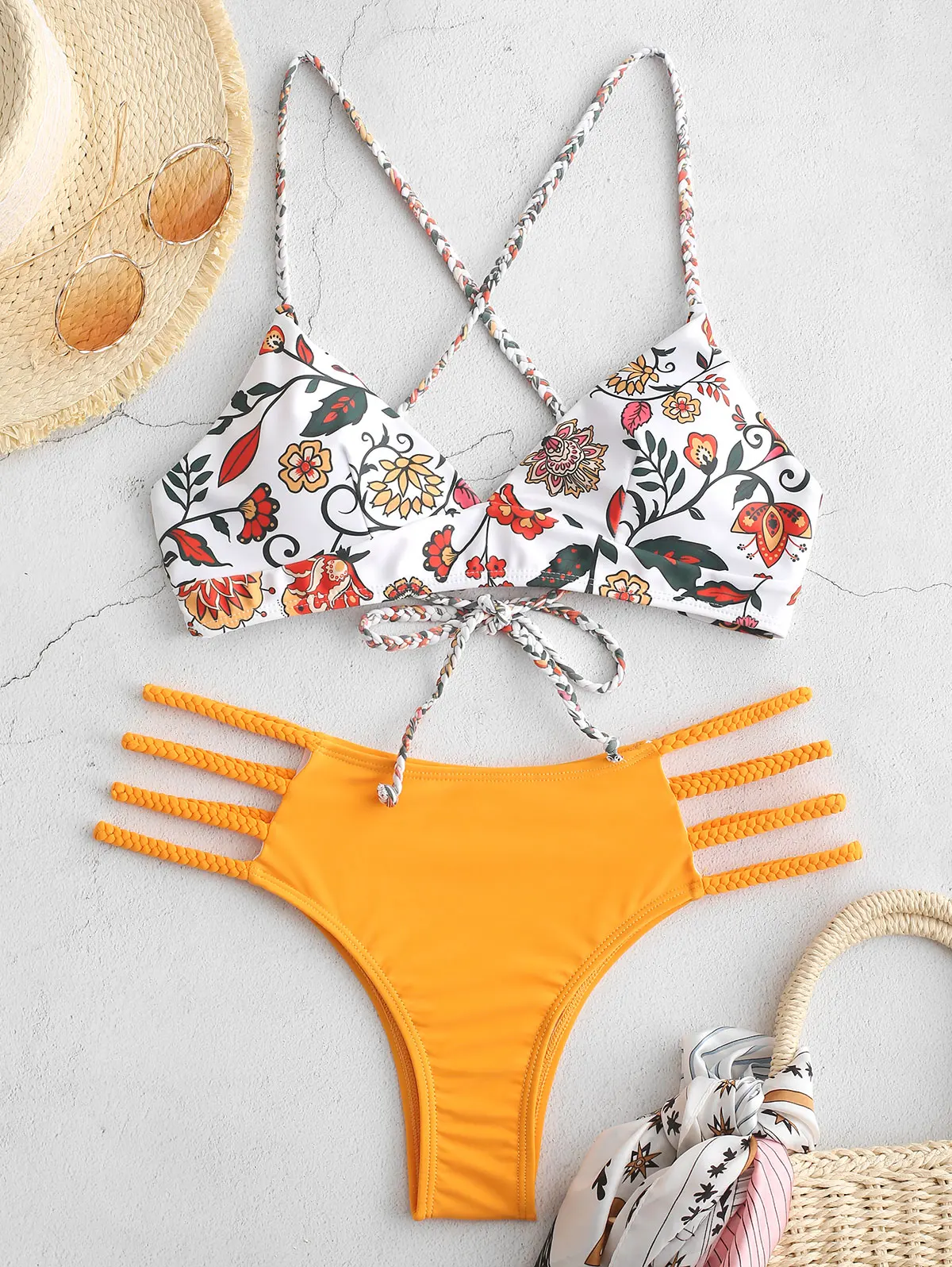 ZAFUL Bikini Flower Braided Lace Up Sexy Bikini Set Spaghetti Straps ...