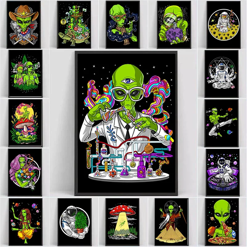 Hipster Alien Space Smoking Psychedelic Poster Trippy Astronaut White ...