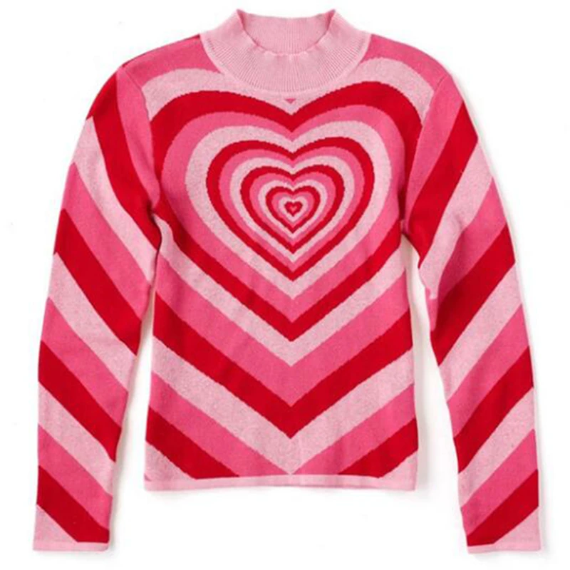 Love Heart Pattern Sweater Color Matching Rainbow Pullover Women's ...