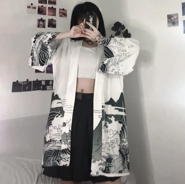 Kimono estampado en japonés retro coreano de verano, cárdigan fino ...