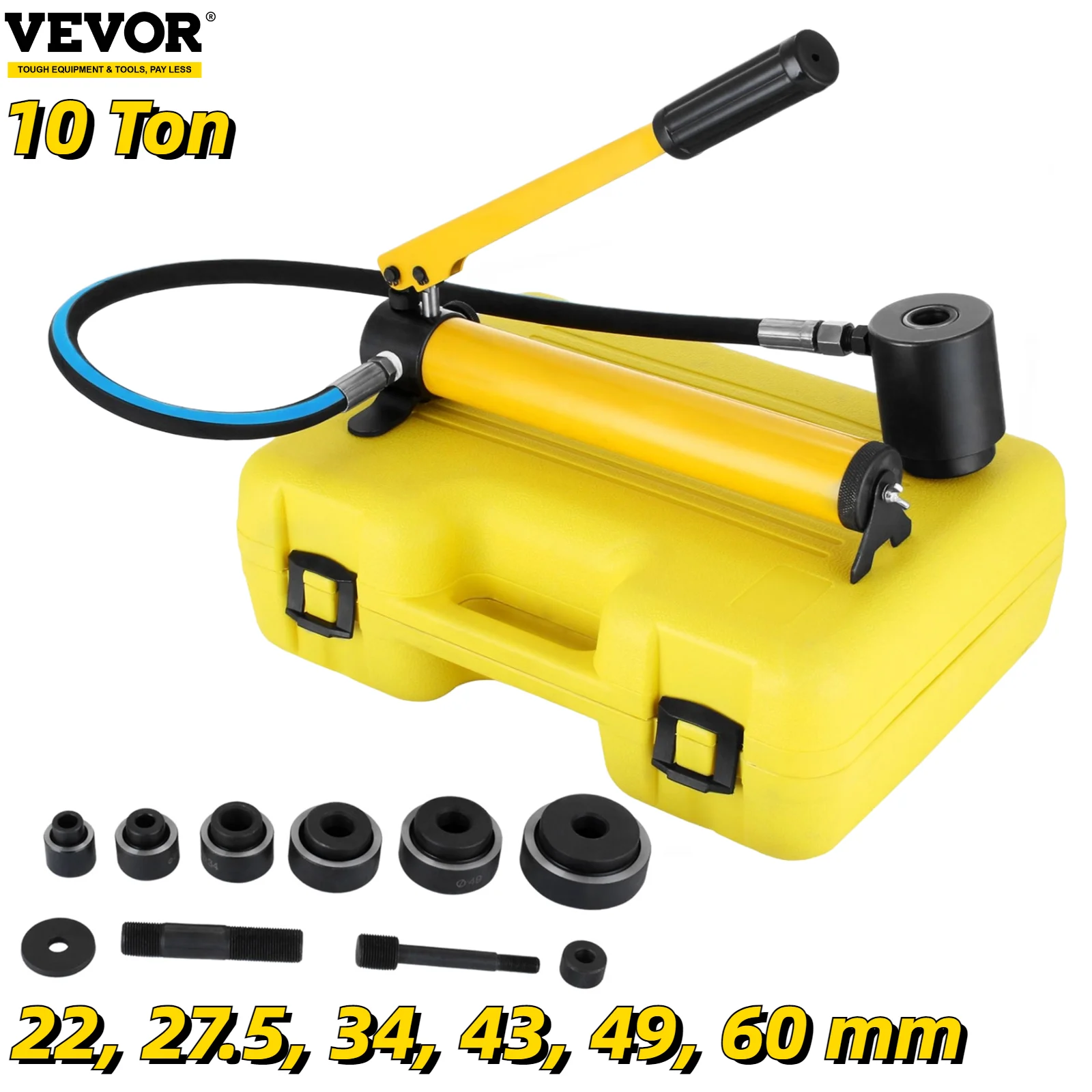 Vevor 22-60mm Hydraulic Knockout Punch Driver Kit 6 Dies Steel Sheet ...