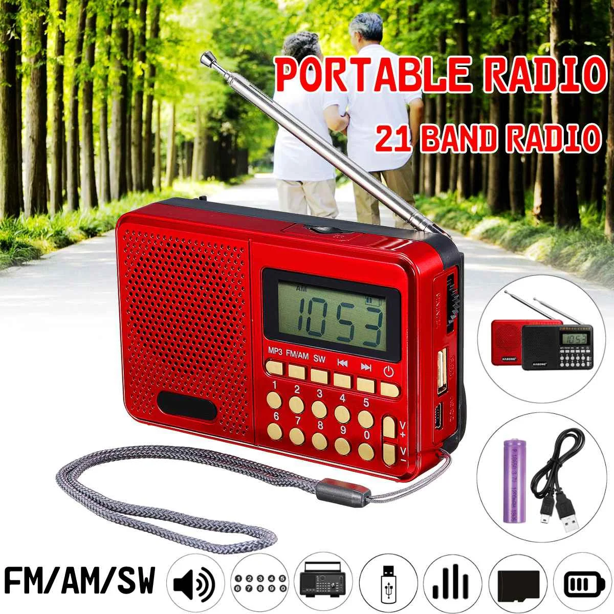 Portable Mini FM/FM/AM/SW Radio Speaker Dual Antenna Music Player TF ...