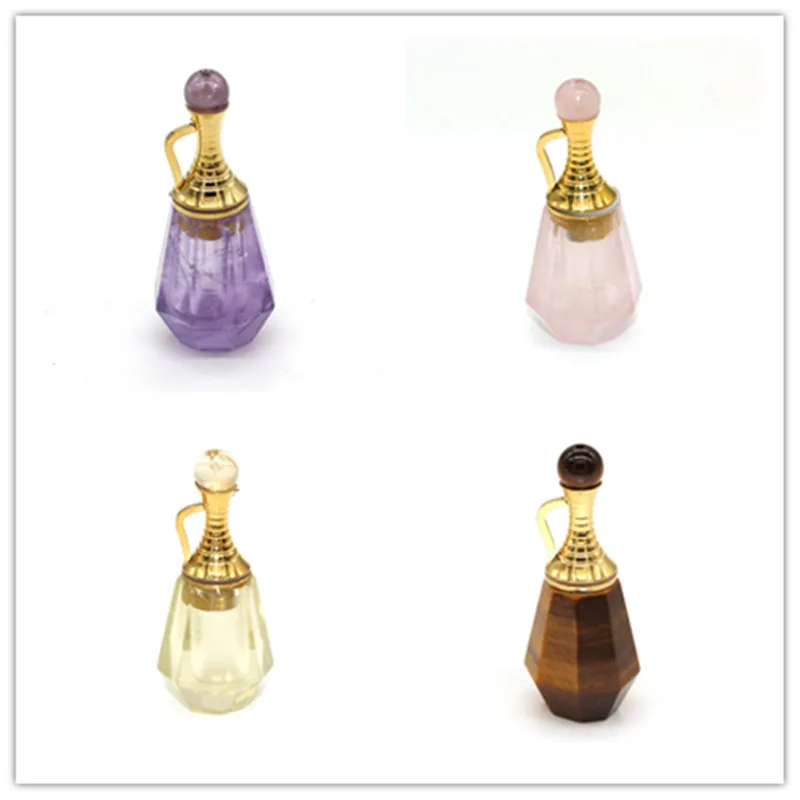 Botella de Perfume de Color oro amarillo claro, colgante de cuarzo rosa ...