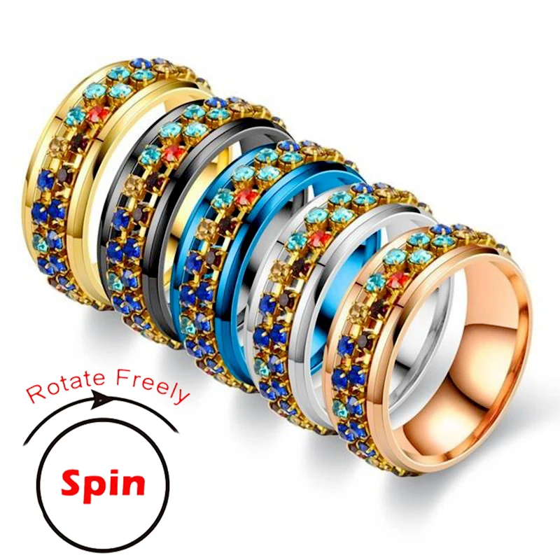 Multi Color Crystals Diamonds Rotatable Rings Stainless Steel Anxiety ...