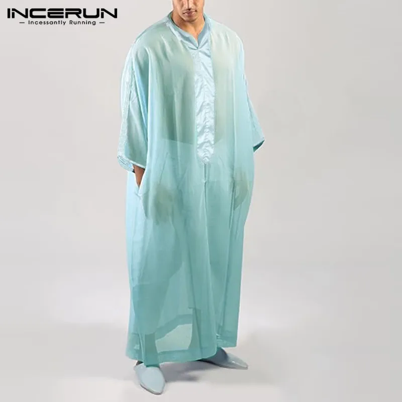 Men Mesh Robes Muslim Jubba Thobe 3/4 Sleeve V Neck Patchwork Islamic Arabic Kaftan Transparent ...