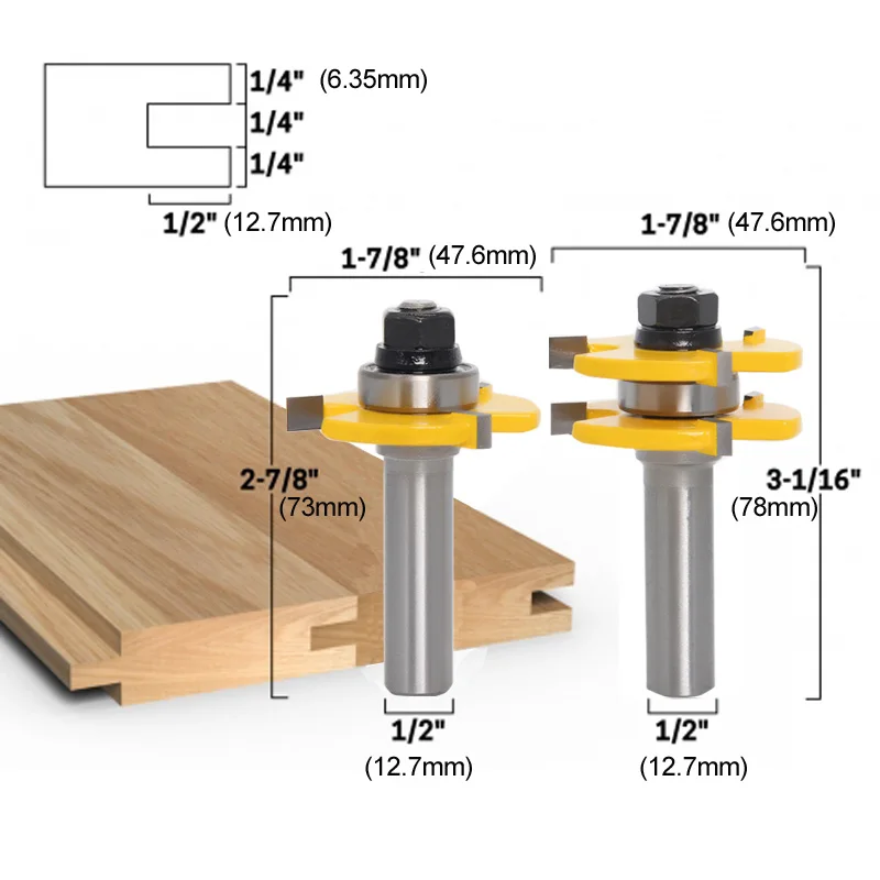 2pcs 1/4" 1/2" Shank Blades T Type Tongue Groove Router Bit Set ...