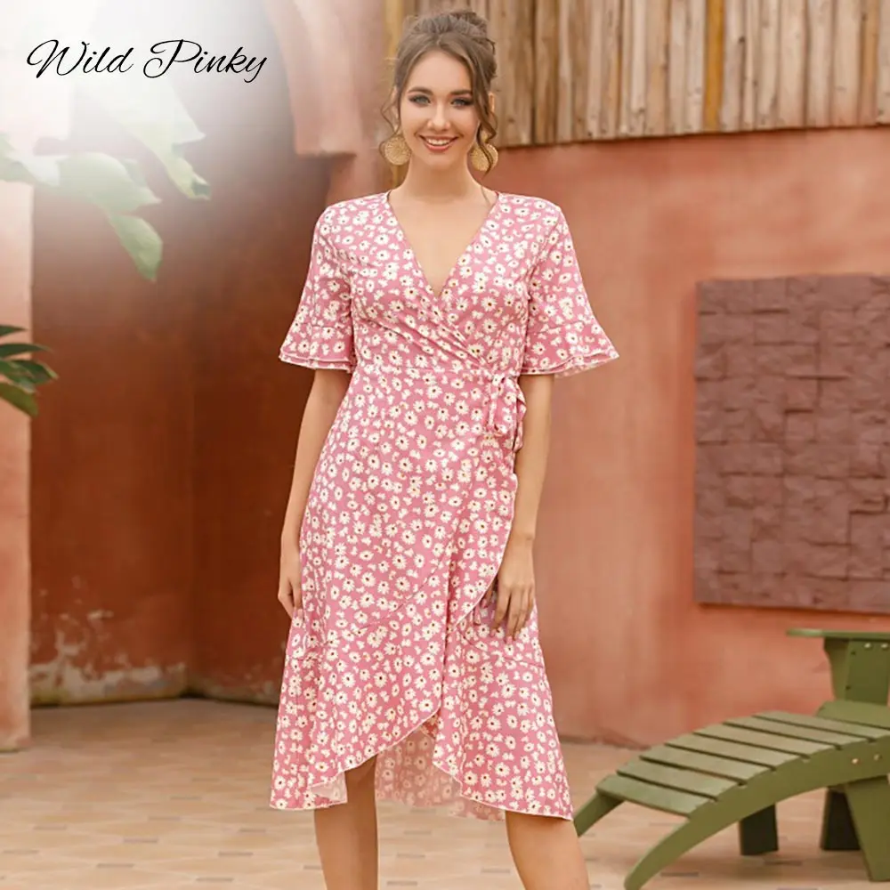 Wildpinky Novo Plissado Manga Feminina Boho Vestido Floral Impress O Do