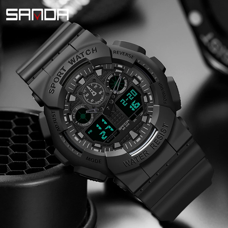 SANDA Sport Watch Dual Time Men Watches 50m Waterproof Male Clock ...