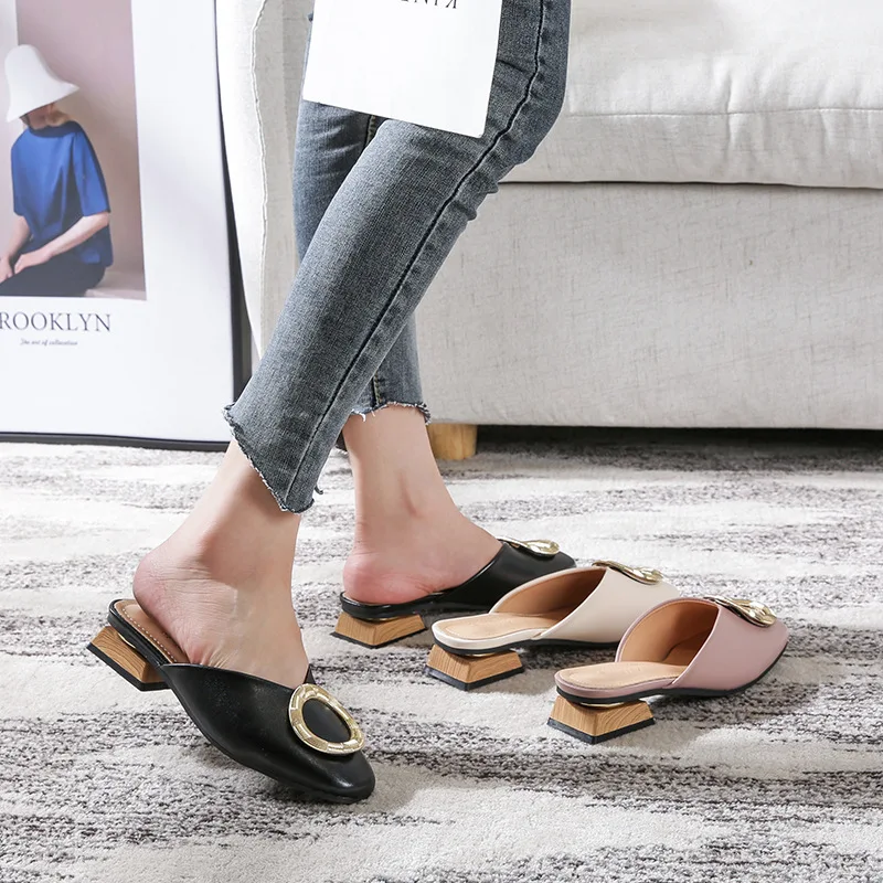 Genuine Leather Mules Women Square Toe Slippers Wood Low Heels Slides ...