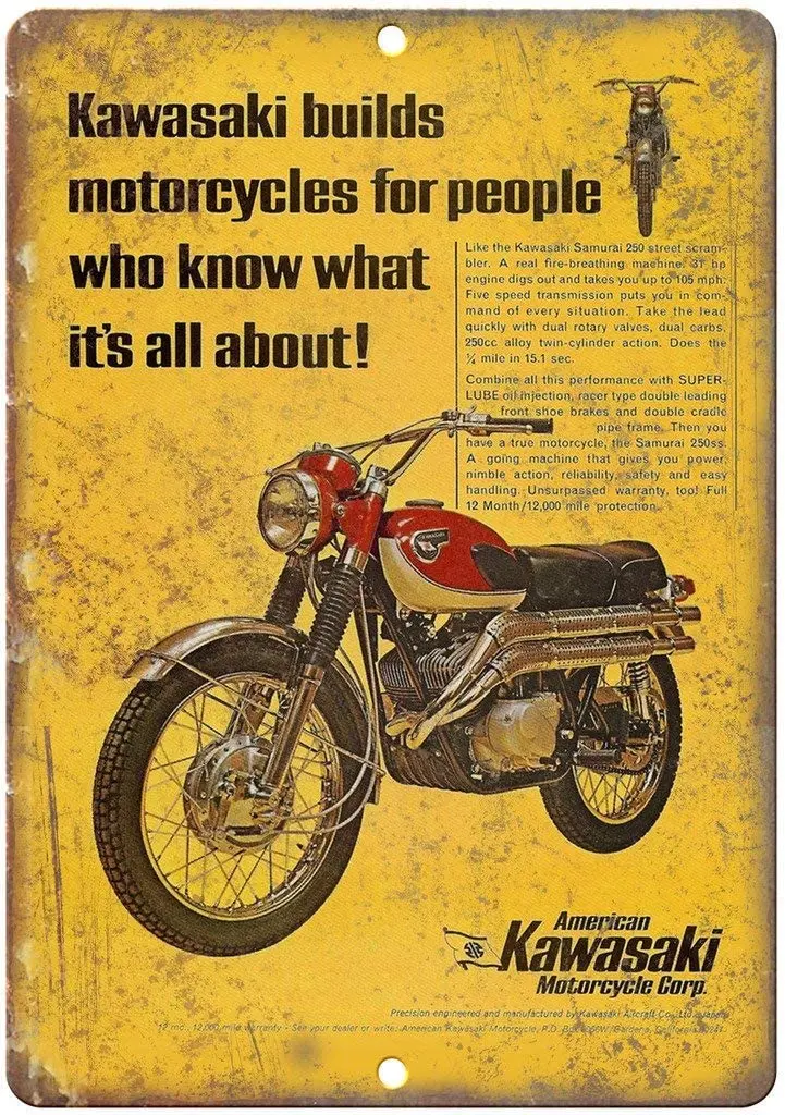 Kawasaki Motorcycle Corp Tin Sign Vintage Wall Poster Retro Iron ...