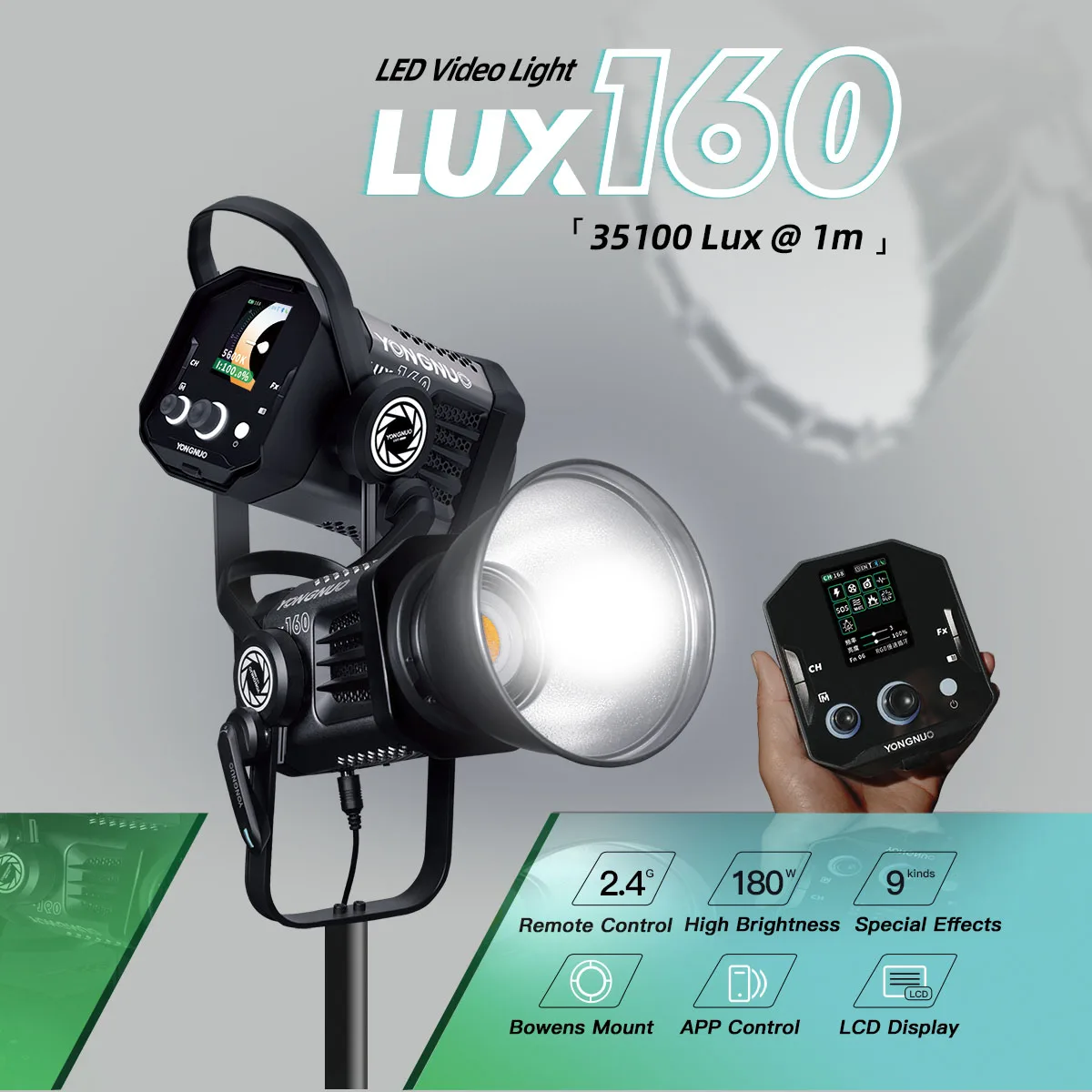 YONGNUO-LUX160-180W-COB-Outdoor-LED-Video-Light-Bowens-Mount-Studio ...