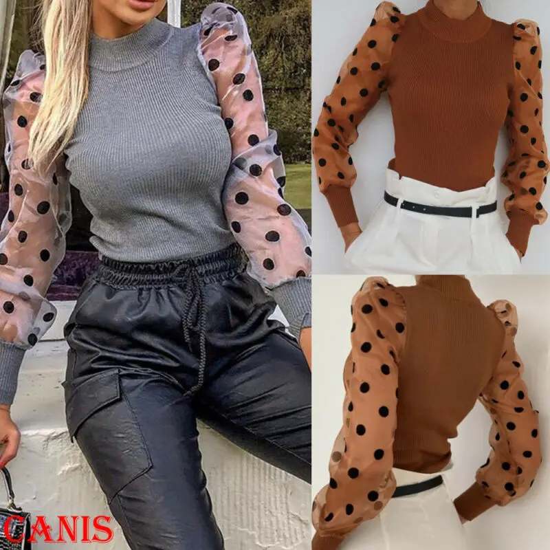 Fashion Women Puff Dot Long Sleeve Knit T shirt Shirts Tops Ladies ...