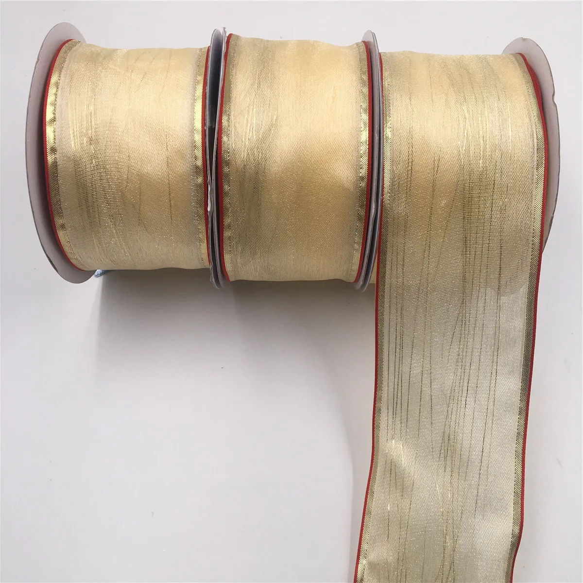 25yard 63mm Wired Edge Cream Sheer Ribbon With Gold Lurex Edge For ...