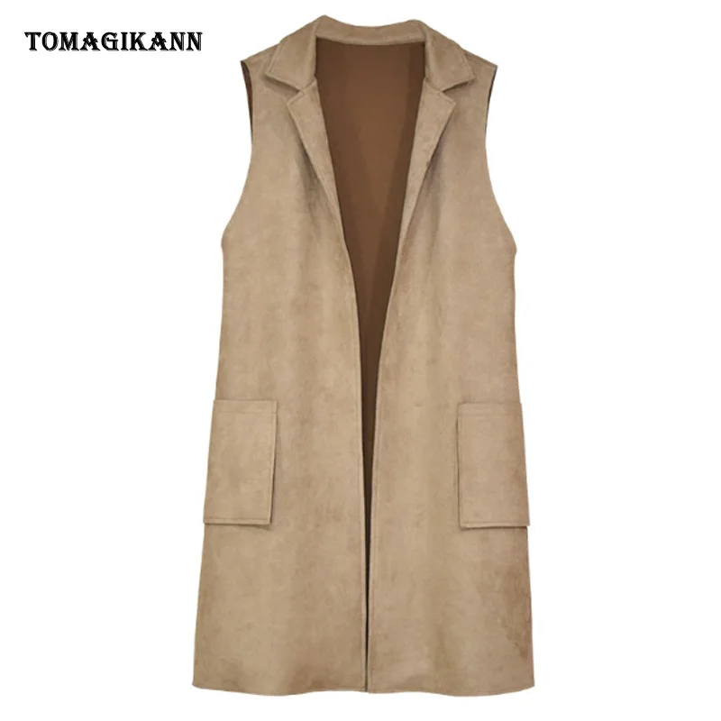 Women Vest Waistcoat Side Split Button Long Suede Fabric Vest Pocket ...