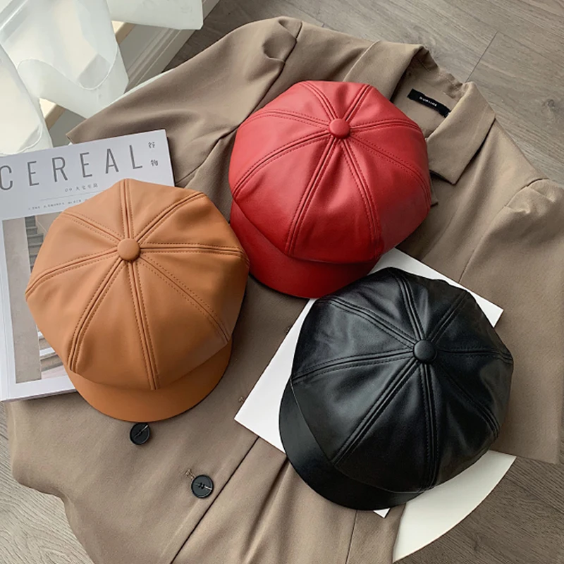 Fashion-Leather-Newsboy-Cap-Quality-Artist-PU-Leather-Female-Korean ...